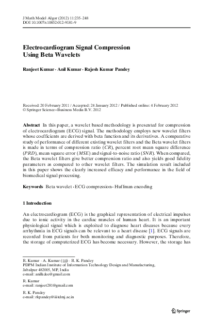 (PDF) Electrocardiogram Signal Compression Using Beta Wavelets