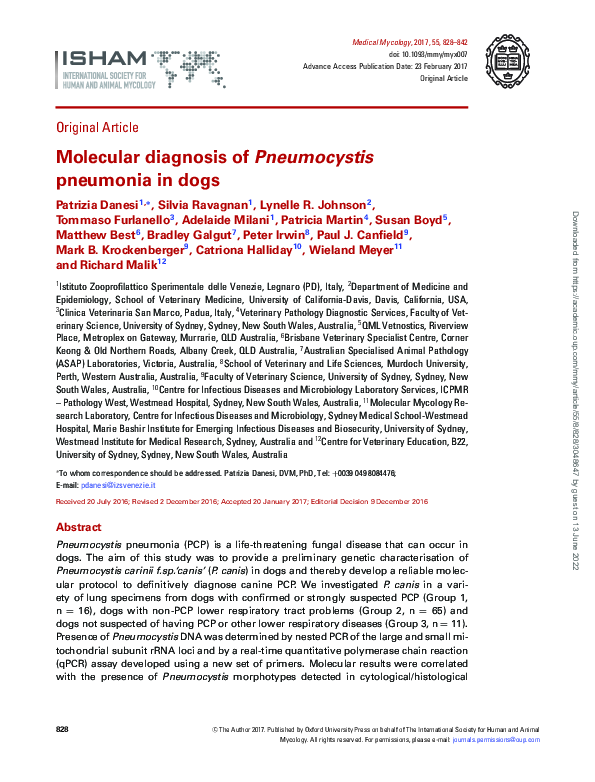 (PDF) Molecular diagnosis of Pneumocystis pneumonia in dogs