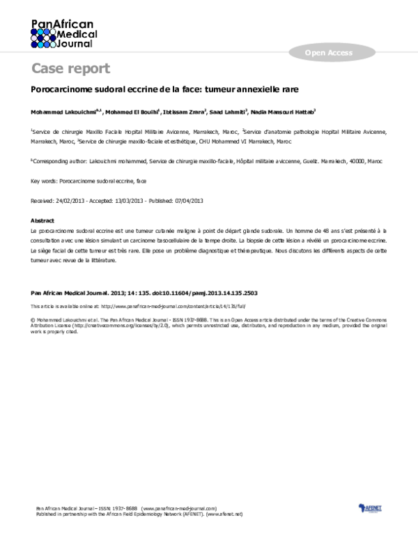 (PDF) Porocarcinome sudoral eccrinede la face: tumeur annexielle rare ...