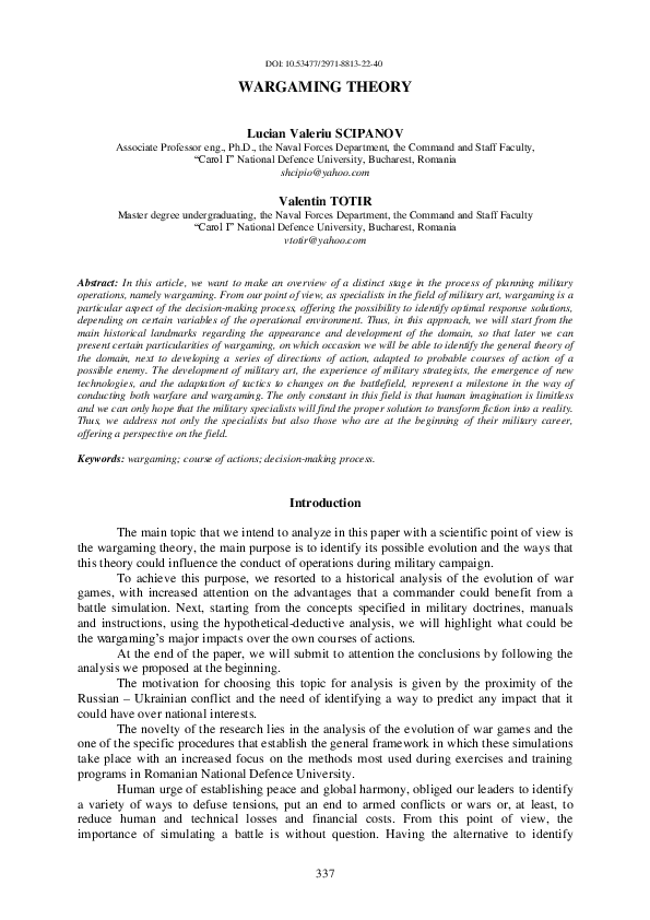 (PDF) Wargaming Theory