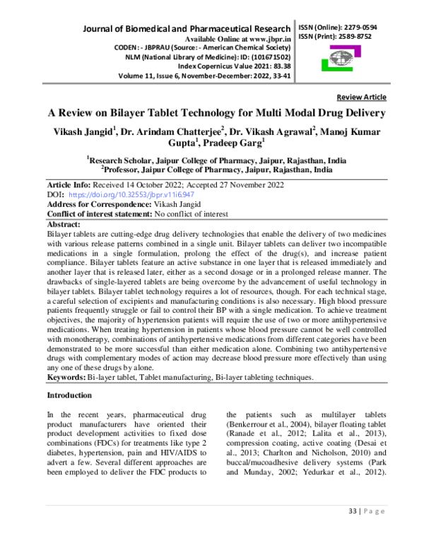 (PDF) A Review on Bilayer Tablet Technology for Multi Modal Drug Delivery