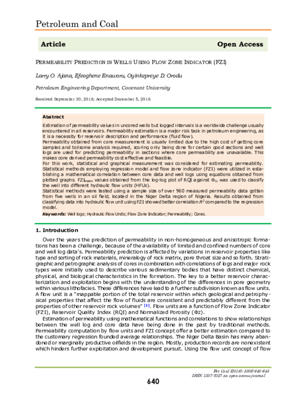 (PDF) Permeability Prediction in Wells Using Flow Zone Indicator (Fzi)