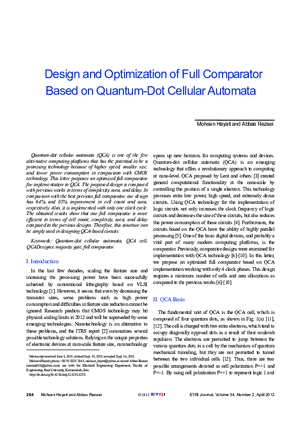 Pdf Design And Optimization Of Full Comparator Based On Quantum Dot Cellular Automata
