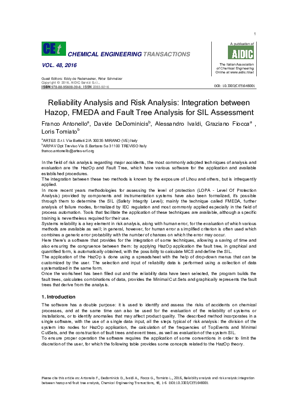 (PDF) Reliability Analysis and Risk Analysis: Integration between Hazop, FMEDA and Fault Tree ...