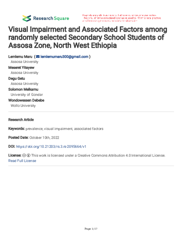 (PDF) Visual Impairment and Associated Factors among randomly selected Secondary School Students ...