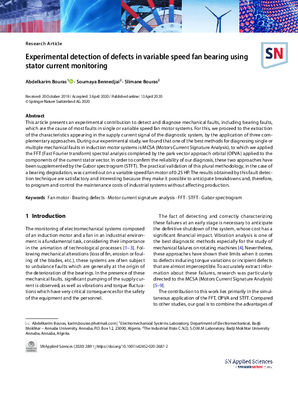 Pdf Experimental Detection Of Defects In Variable Speed Fan Bearing