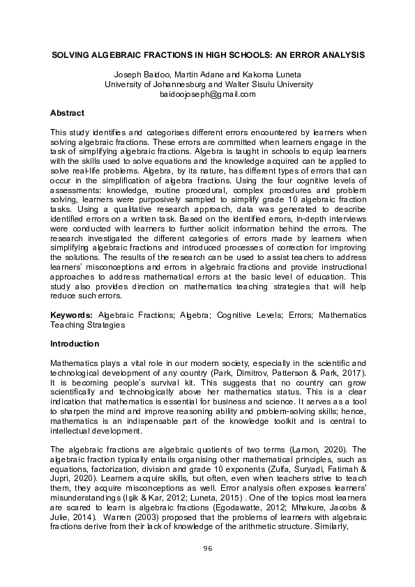 (PDF) SOLVING ALGEBRAIC FRACTIONS IN HIGH SCHOOLS: AN ERROR ANALYSIS