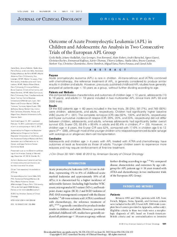 (PDF) Outcome of Acute Promyelocytic Leukemia (APL) in Children and ...