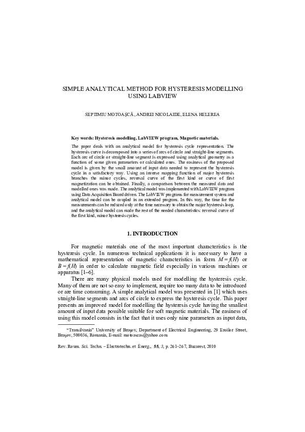 (PDF) Simple Analytical Method for Hysteresis Modelling Using Labview