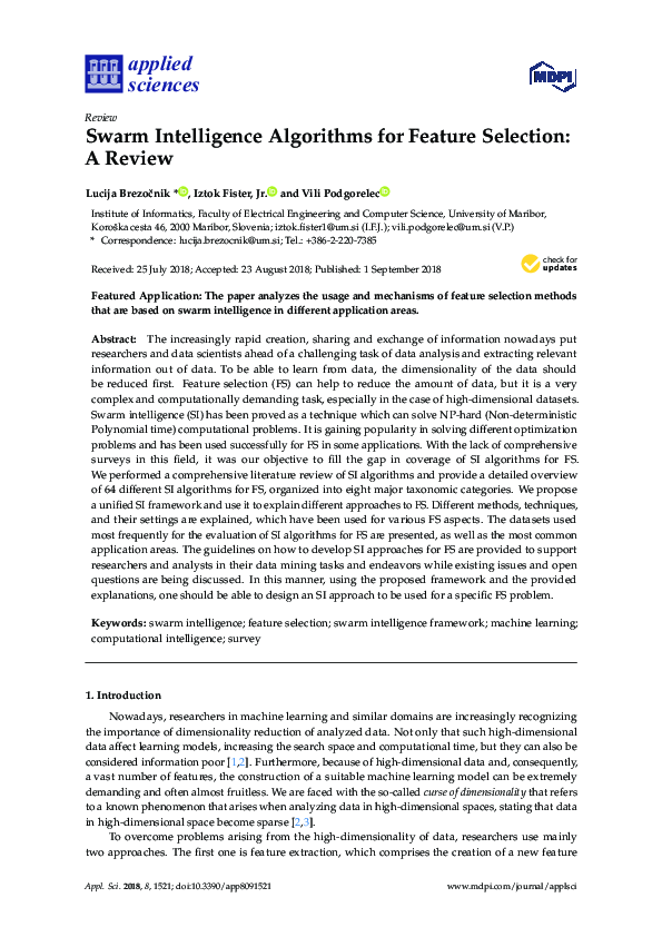 Pdf Swarm Intelligence Algorithms For Feature Selection A Review