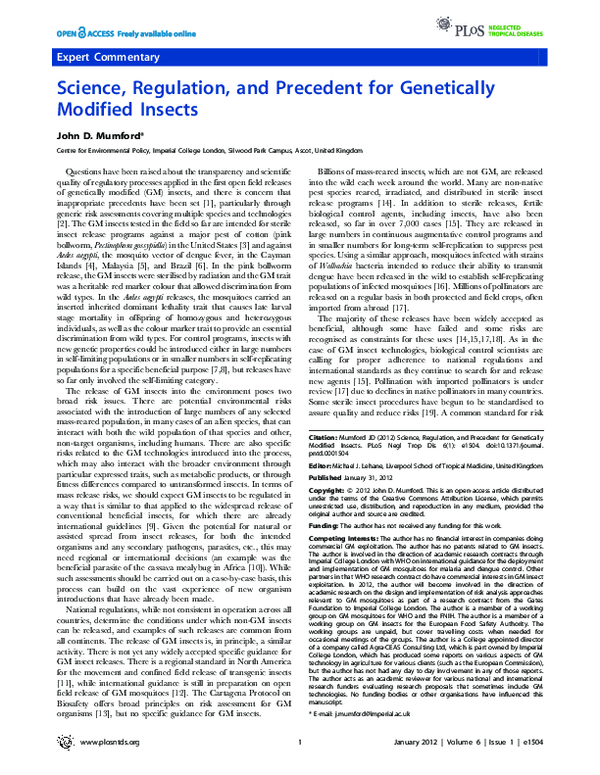 (PDF) Science, Regulation, and Precedent for Genetically Modified Insects