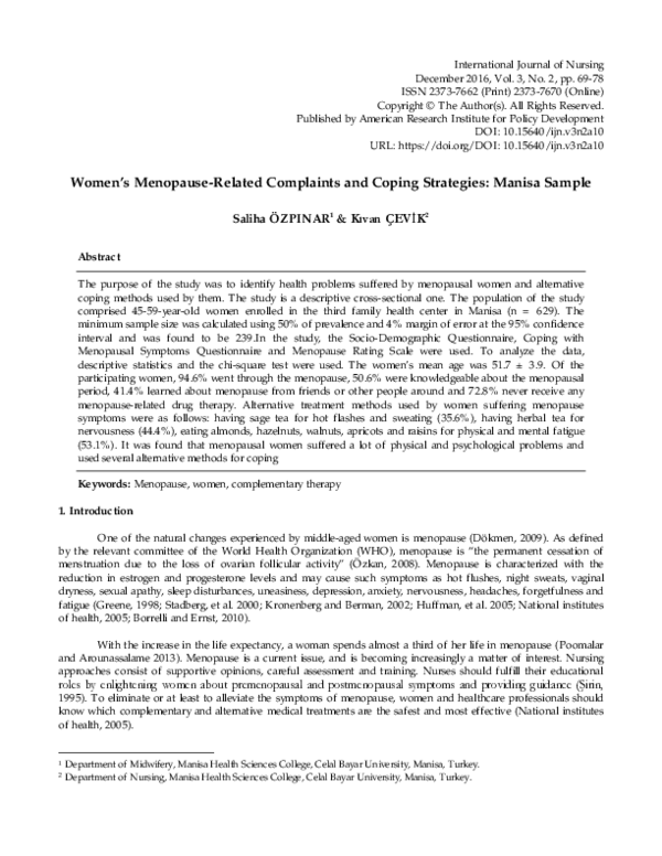 (PDF) Women’s Menopause-Related Complaints and Coping Strategies: Manisa Sample