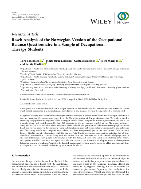 (PDF) Rasch Analysis of the Norwegian Version of the Occupational ...