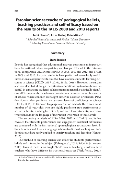 (PDF) Estonian science teachers ’ pedagogical beliefs , teaching practices and self-efficacy ...