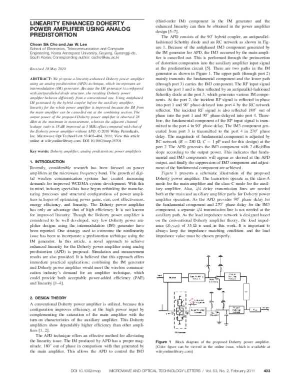 Pdf Linearity Enhanced Doherty Power Amplifier Using Analog Predistortion