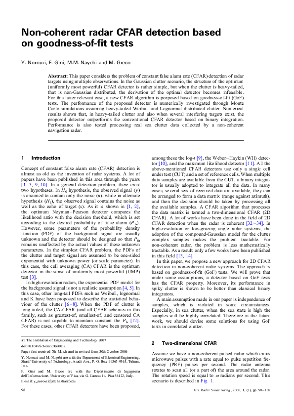 Pdf Non Coherent Radar Cfar Detection Based On Goodness Of Fit Tests