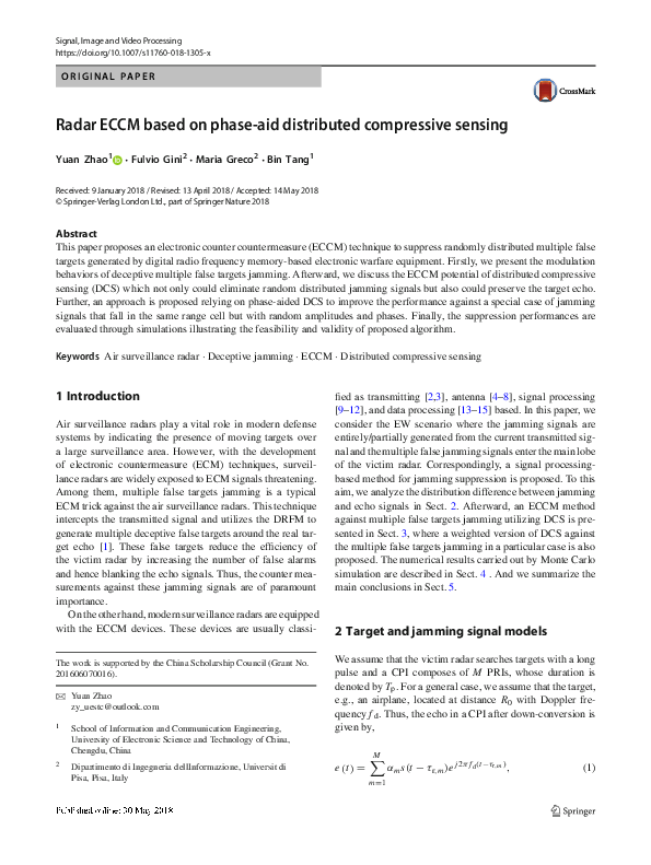 Pdf Radar Eccm Based On Phase Aid Distributed Compressive Sensing