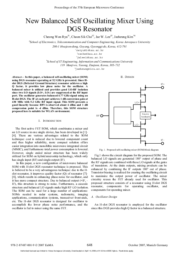 (PDF) New balanced self oscillating mixer using DGS resonator