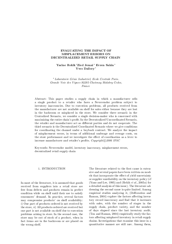 (PDF) Evaluating the Impact of Misplacement Errors on Decentralized Retail Supply Chain