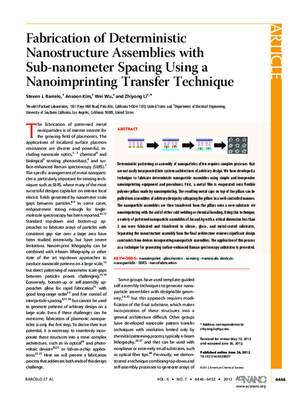Pdf Fabrication Of Deterministic Nanostructure Assemblies With Sub Nanometer Spacing Using A
