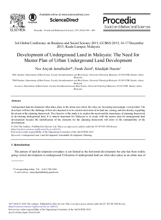 (PDF) Development of Underground Land in Malaysia: The Need for Master ...