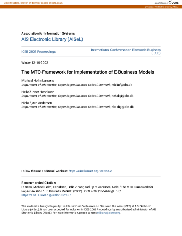 (PDF) The MTO-Framework for Implementation of E-Business Models