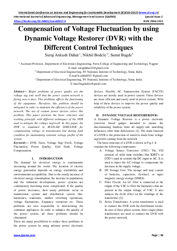 (PDF) Compensation of Voltage Fluctuation by using Dynamic Voltage Restorer (DVR) with the ...