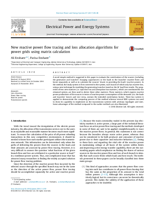 Pdf New Reactive Power Flow Tracing And Loss Allocation Algorithms For Power Grids Using