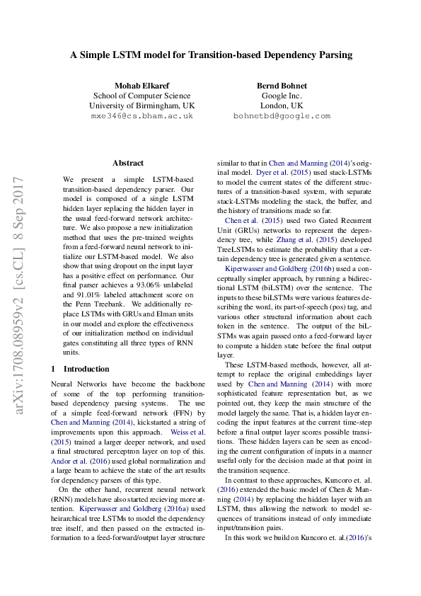 Pdf A Simple Lstm Model For Transition Based Dependency Parsing Bernd Bohnet