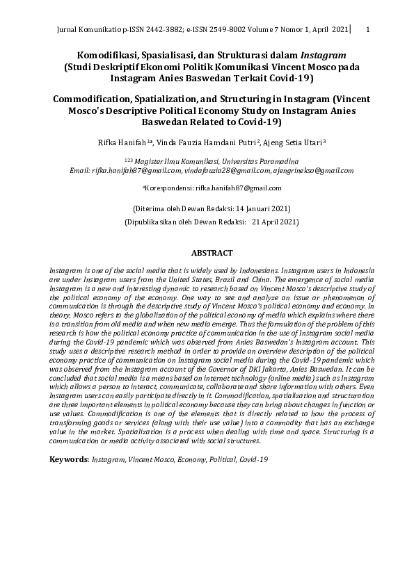 (PDF) Commodification, Spatialization, and Structuring in Instagram (Vincent Mosco's Descriptive ...
