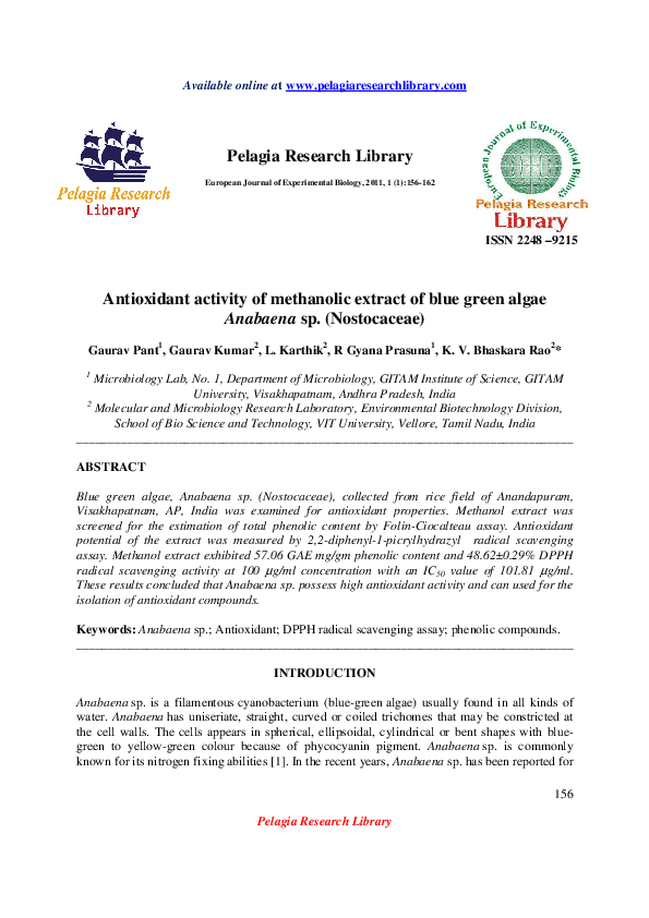 (PDF) Antioxidant activity of methanolic extract of blue green algae ...