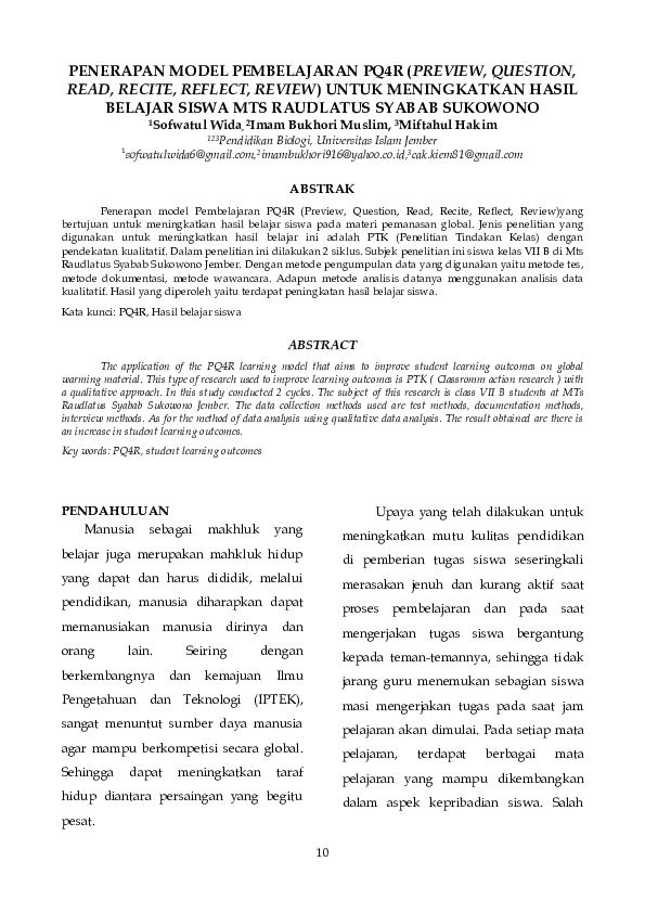 Penerapan model pembelajaran PQ4R (Preview, Question, Read, Recite ...