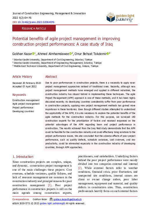 (PDF) Potential benefits of agile project management in improving construction project ...