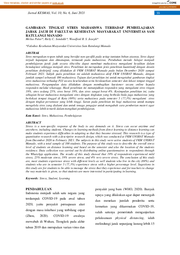 (PDF) Gambaran Tingkat Stres Mahasiswa Terhadap Pembelajaran Jarak Jauh DI Fakultas Kesehatan ...