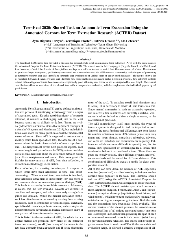 Pdf Termeval 2020 Shared Task On Automatic Term Extraction Using The Annotated Corpora For