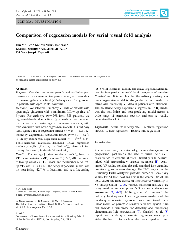 (PDF) Comparison of regression models for serial visual field analysis