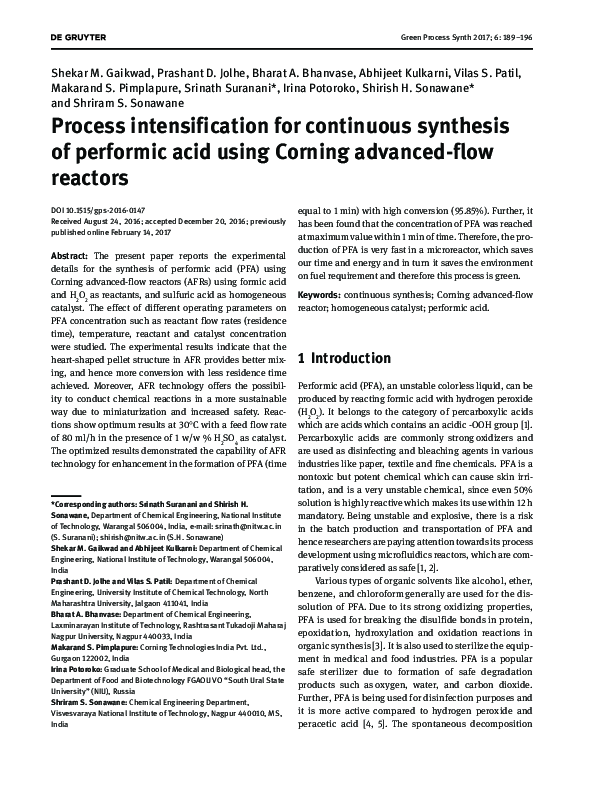 (PDF) Process intensification for continuous synthesis of performic acid using Corning advanced ...