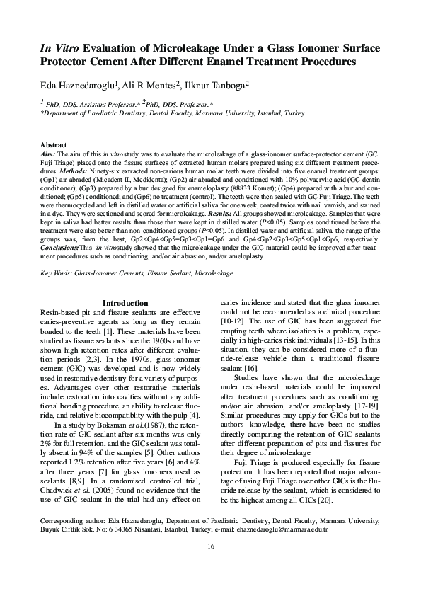 Pdf In Vitro Evaluation Of Microleakage Under A Glass Ionomer Surface Protector Cement After