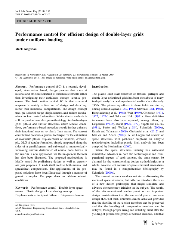 (PDF) Performance control for efficient design of double-layer grids under uniform loading