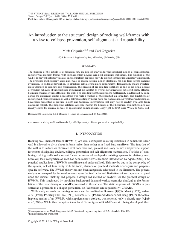 (PDF) An introduction to the structural design of rocking wall-frames ...