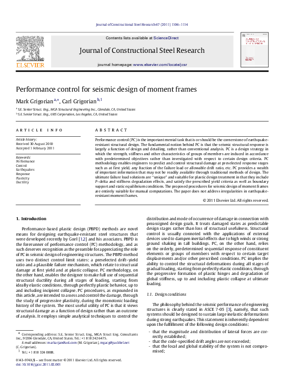 (PDF) Performance control for seismic design of moment frames