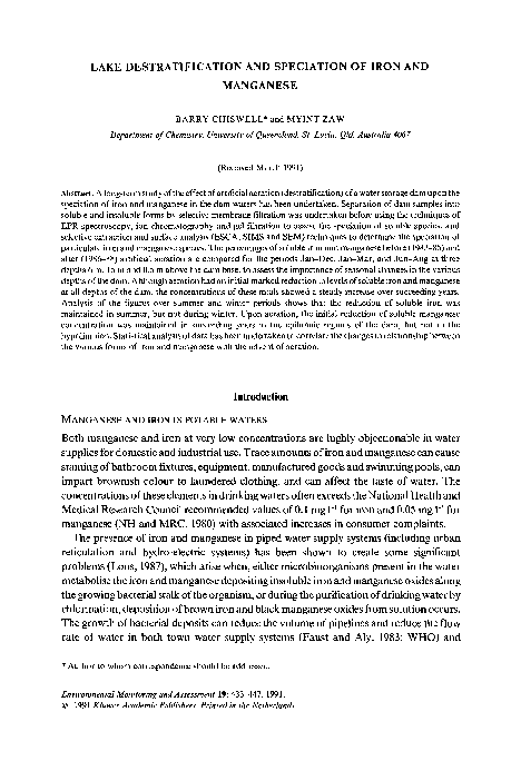 (PDF) Lake destratification and speciation of iron and manganese