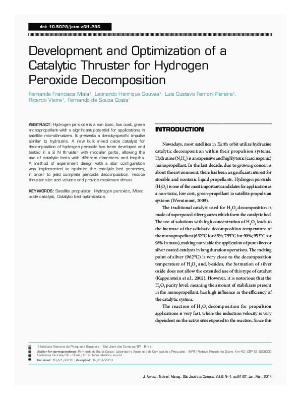 (PDF) Development and Optimization of a Catalytic Thruster for Hydrogen ...