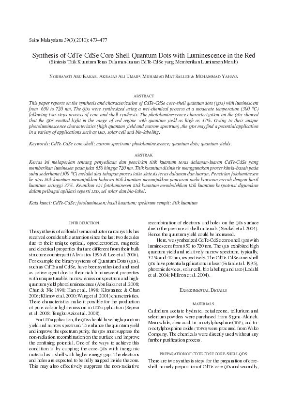 (PDF) Synthesis of CdTe-CdSe Core-Shell Quantum Dots with Luminescence in the Red