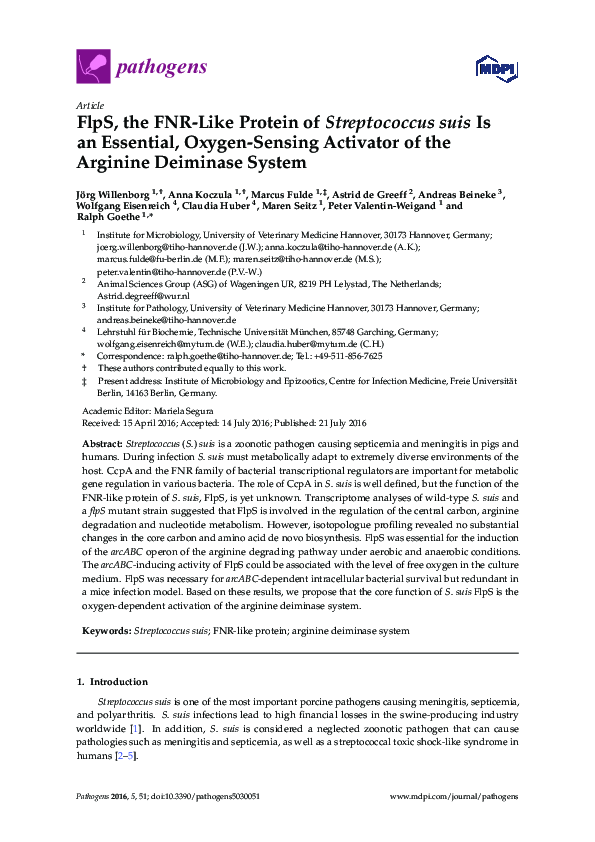 (PDF) FlpS, the FNR-Like Protein of Streptococcus suis Is an Essential, Oxygen-Sensing Activator ...