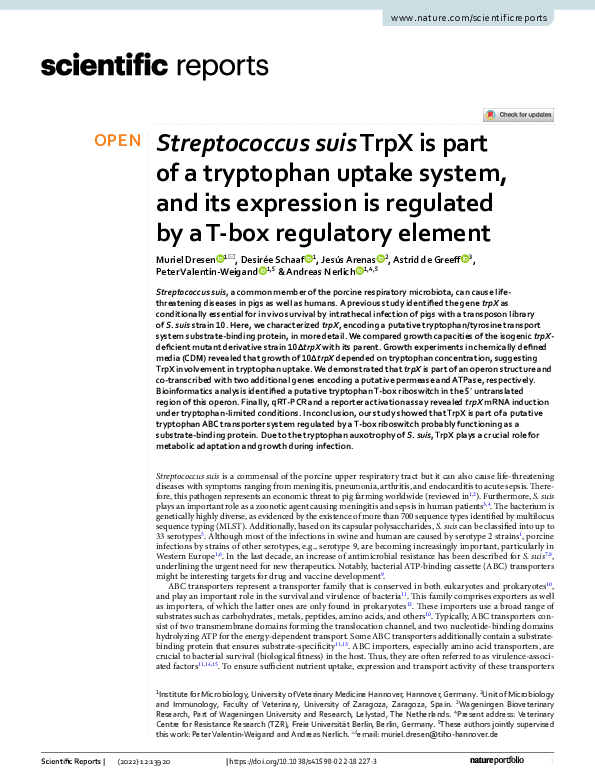(PDF) Streptococcus suis TrpX is part of a tryptophan uptake system ...