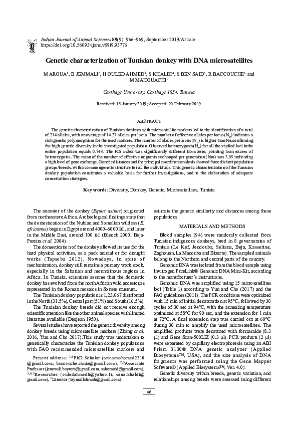 (PDF) Genetic characterization of Tunisian donkey with DNA microsatellites