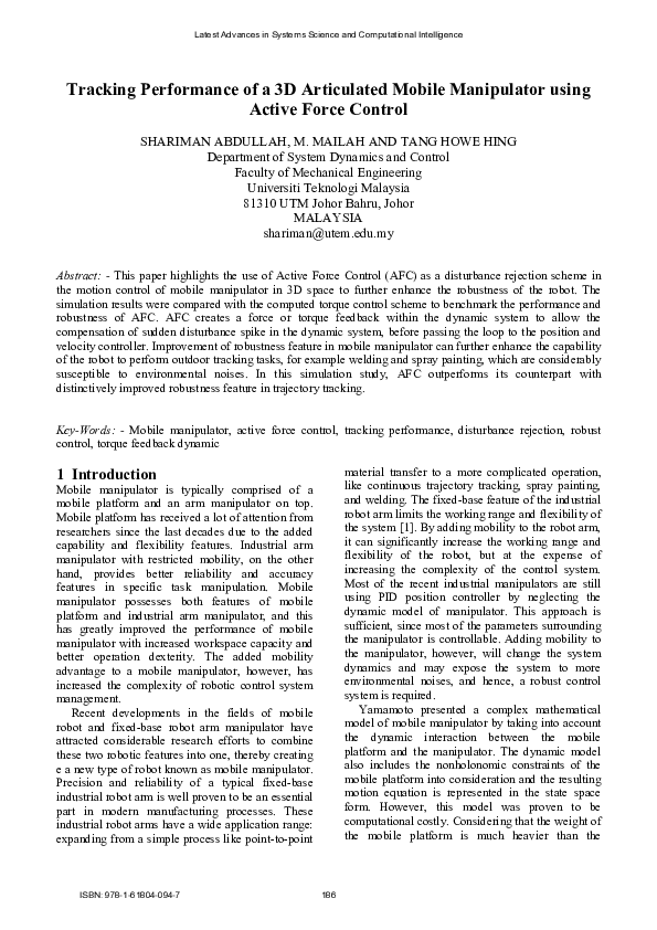 Pdf Tracking Performance Of A 3d Articulated Mobile Manipulator Using Active Force Control