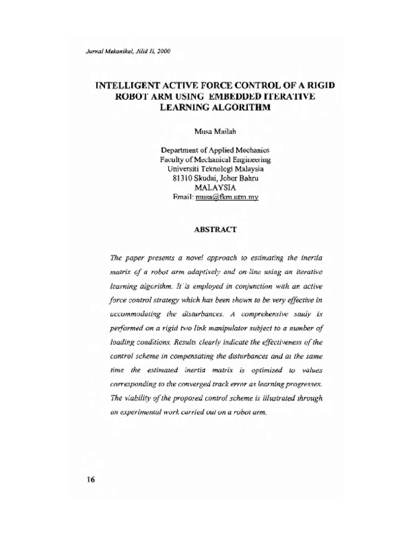 Pdf Intelligent Active Force Control Of A Rigid Robot Arm Using Embedded Iterative Learning