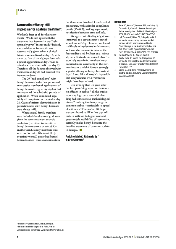 Ivermectin efficacy still imprecise for scabies treatment